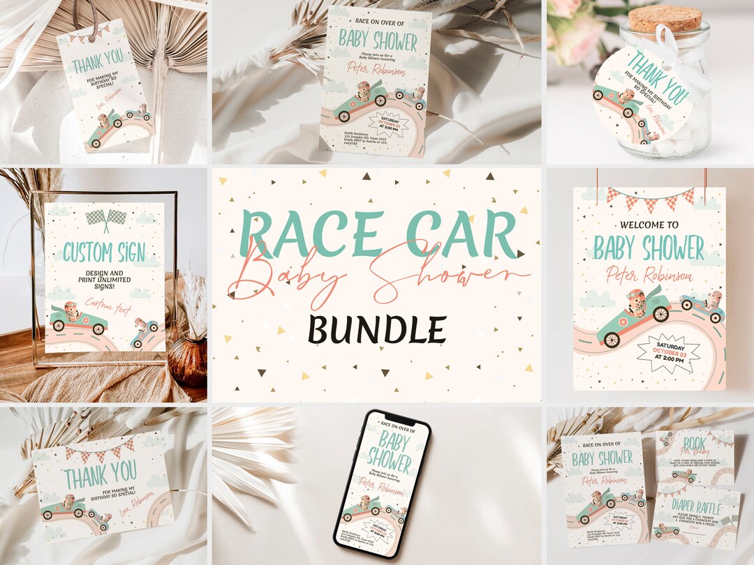Race Car Baby Shower Bundle Little Racer is on the Way Boy or Girl Full ...