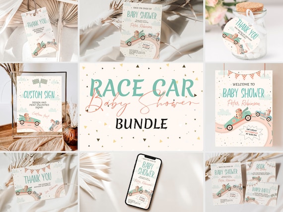 Race Car Baby Shower Bundle Little Racer Is On The Way Boy Or Girl Full ...