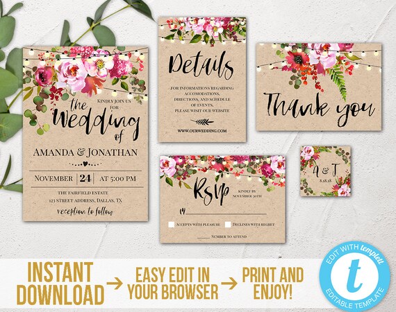 Rustic Floral Wedding Invitation Set Boho Wedding Invitation Kit ...