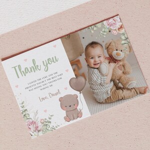 Teddy Bear Birthday Thank You Card With Photo Bearly One Year - Etsy