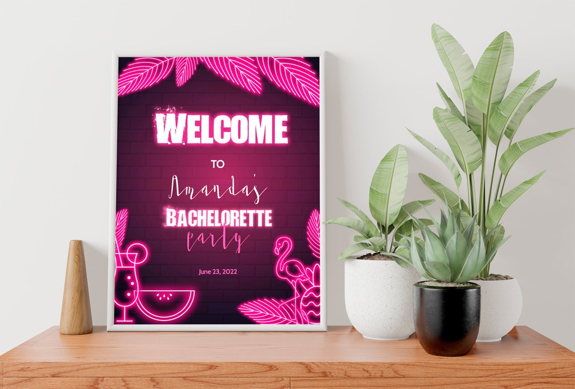 Neon Tropical Bachelorette Welcome Sign Template Pink Neon - Etsy