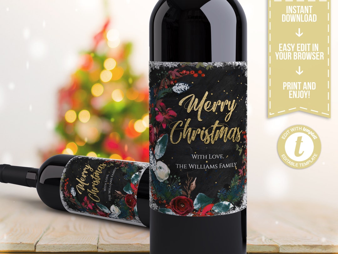 Holiday Wine Label Template Personalized Christmas Wine Bottle Label ...