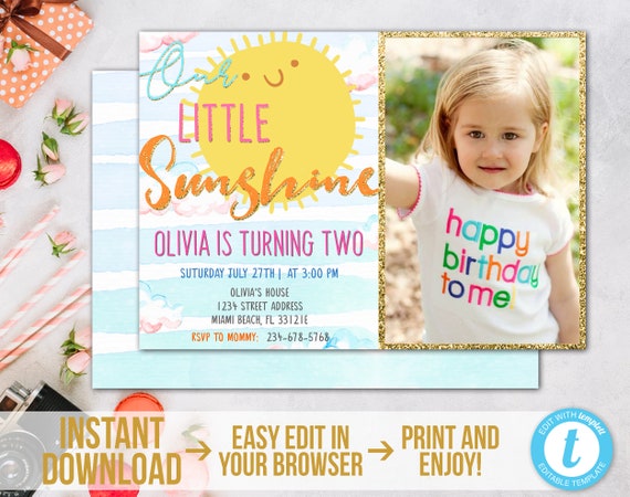 Sunshine Birthday Invitation with Photo Our Little Sunshine Invitation ...