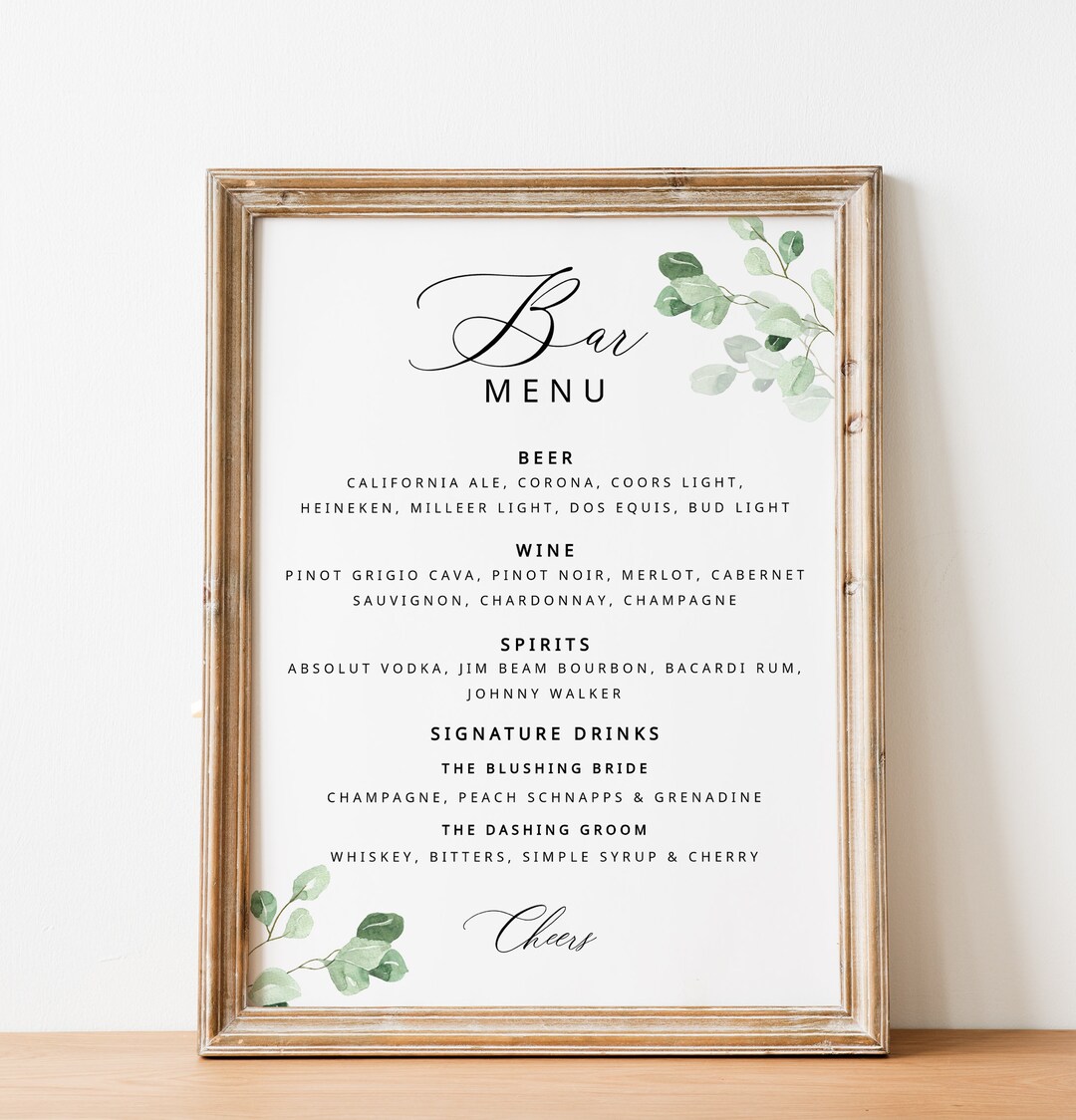 Greenery Bar Menu Sign Template Printable Wedding Drink Menu Instant ...