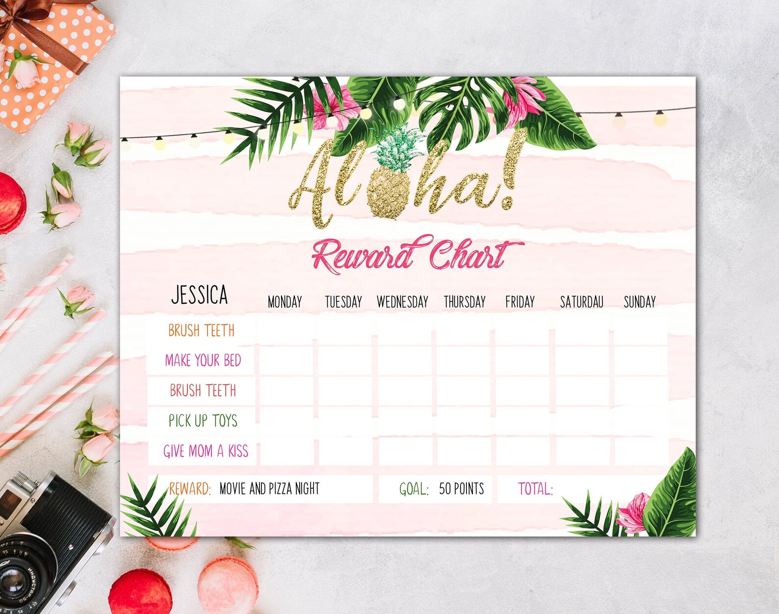 Luau Chore Chart Printable Hawaiian Reward Chart for Girl - Etsy