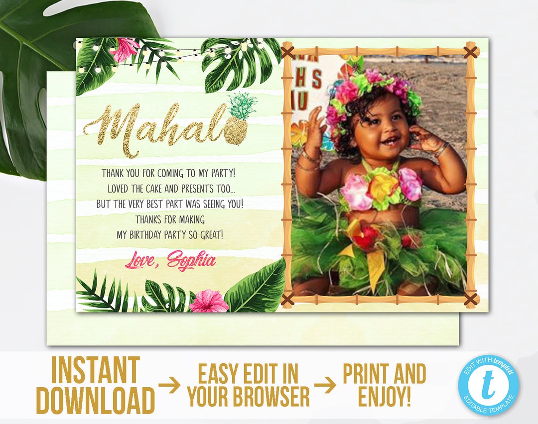 Tropical Thank You Card With Photo Mahalo Thank You Card Printable Luau ...