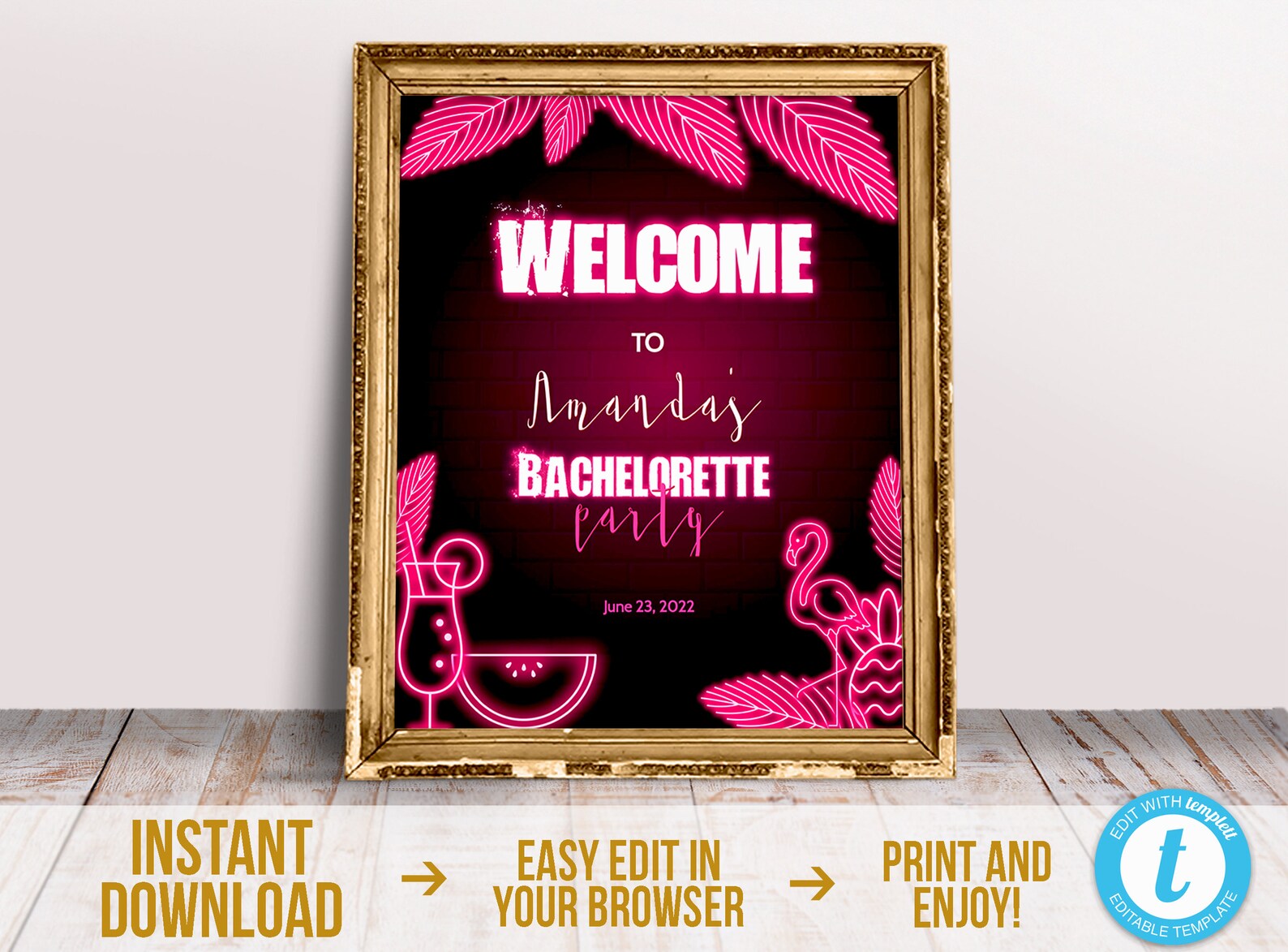 Neon Tropical Bachelorette Welcome Sign Template Pink Neon - Etsy