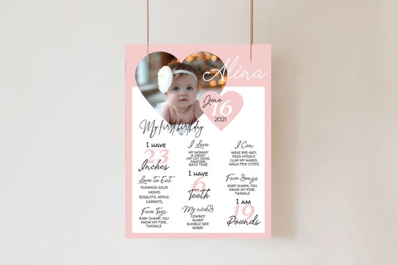 First Birthday Milestone Sign Customized Girls One Year Infographic ...