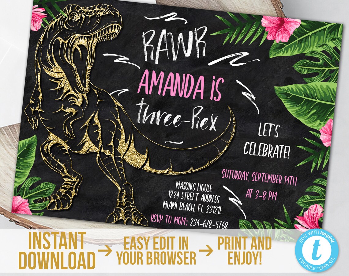 Three-rex Invitation Girl Instant Download Dinosaur Birthday | Etsy