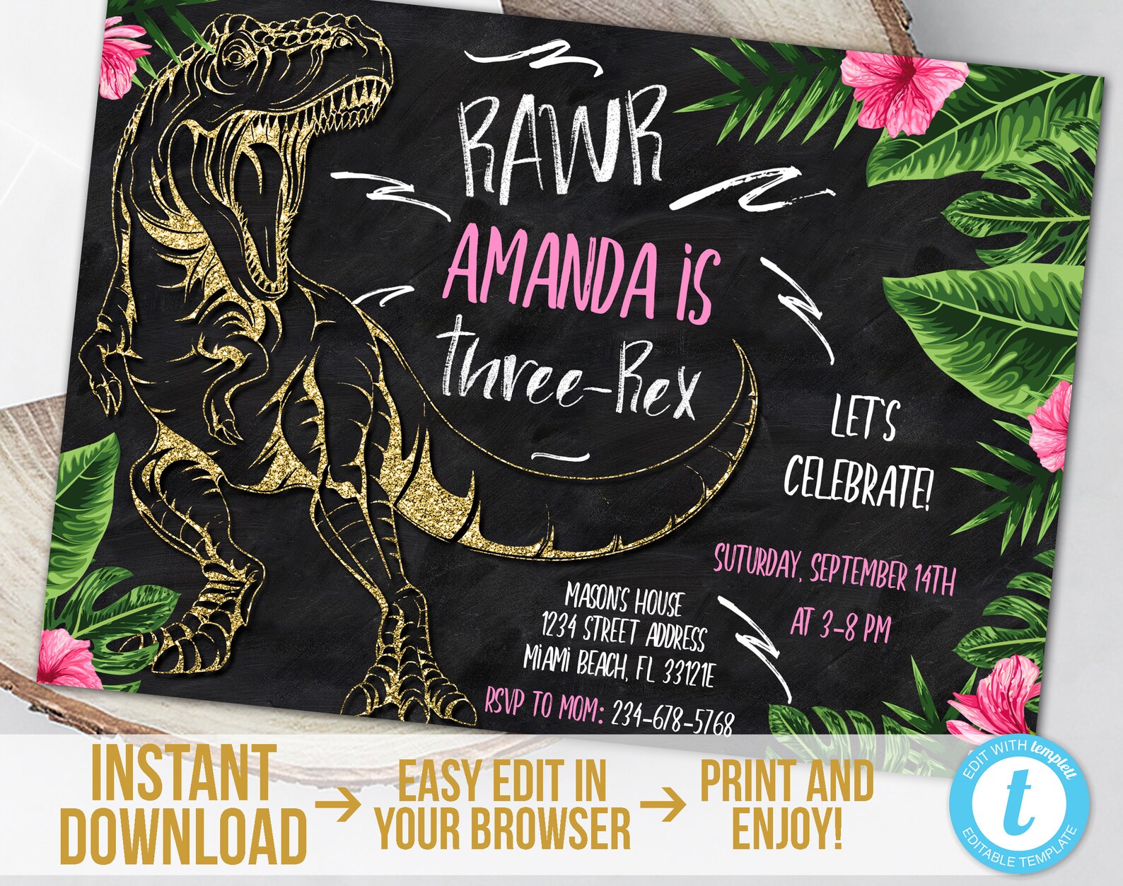 Three-rex Invitation Girl Instant Download Dinosaur Birthday | Etsy