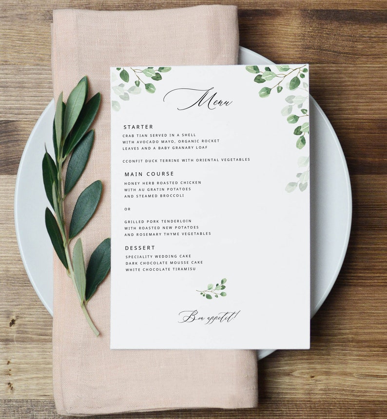 Greenery Menu Template Printable Botanical Menu Card Greenery - Etsy