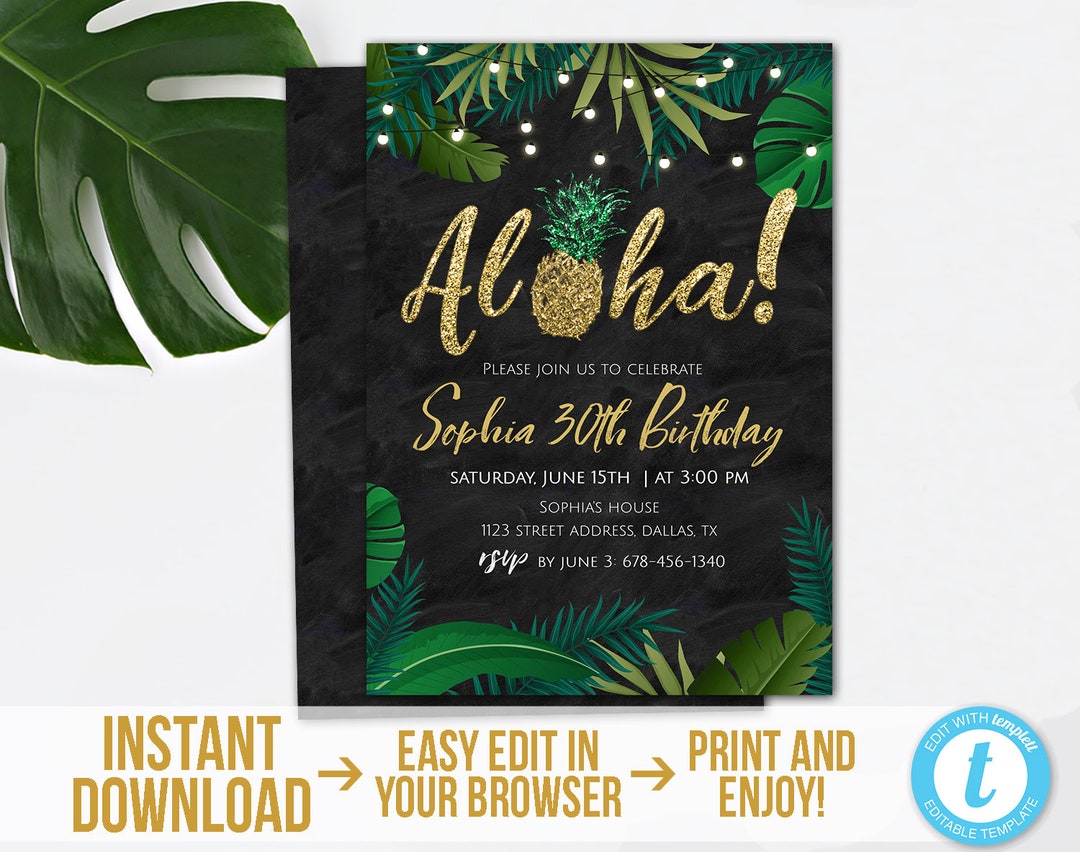 Aloha Invitation Template Gold Tropical Party Invitation Instant ...