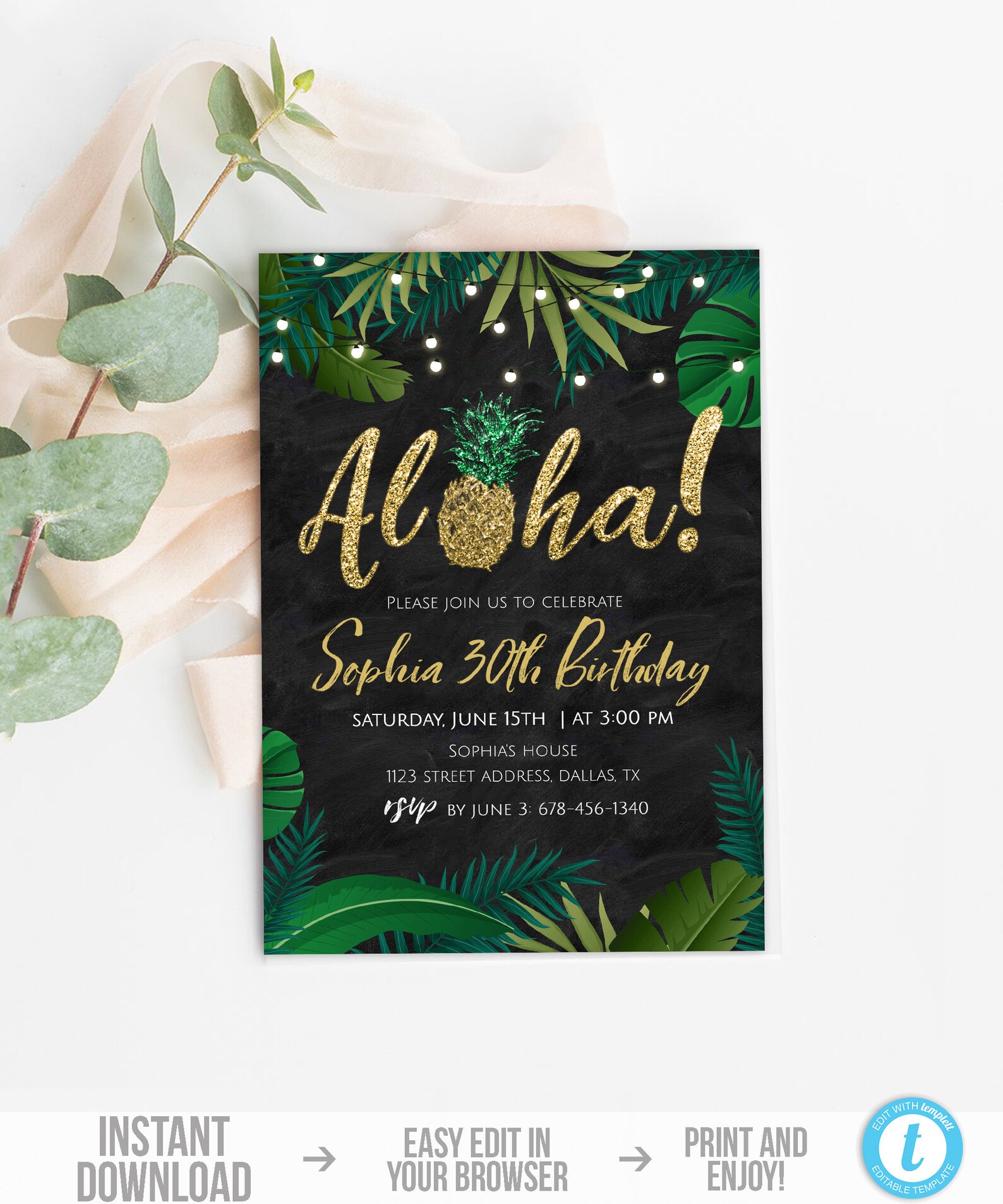 Aloha Invitation Template Gold Tropical Party Invitation | Etsy