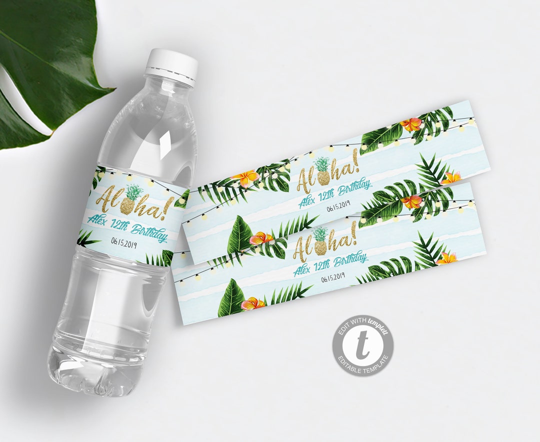 Tropical Water Bottle Label Download Gold Aloha Water Bottle Printable ...