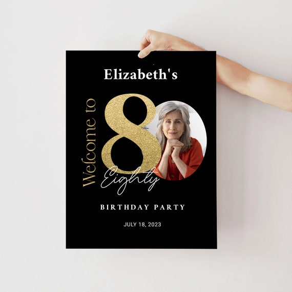 80th Birthday Welcome Sign Black Gold Eighty Adult Birthday Invitation