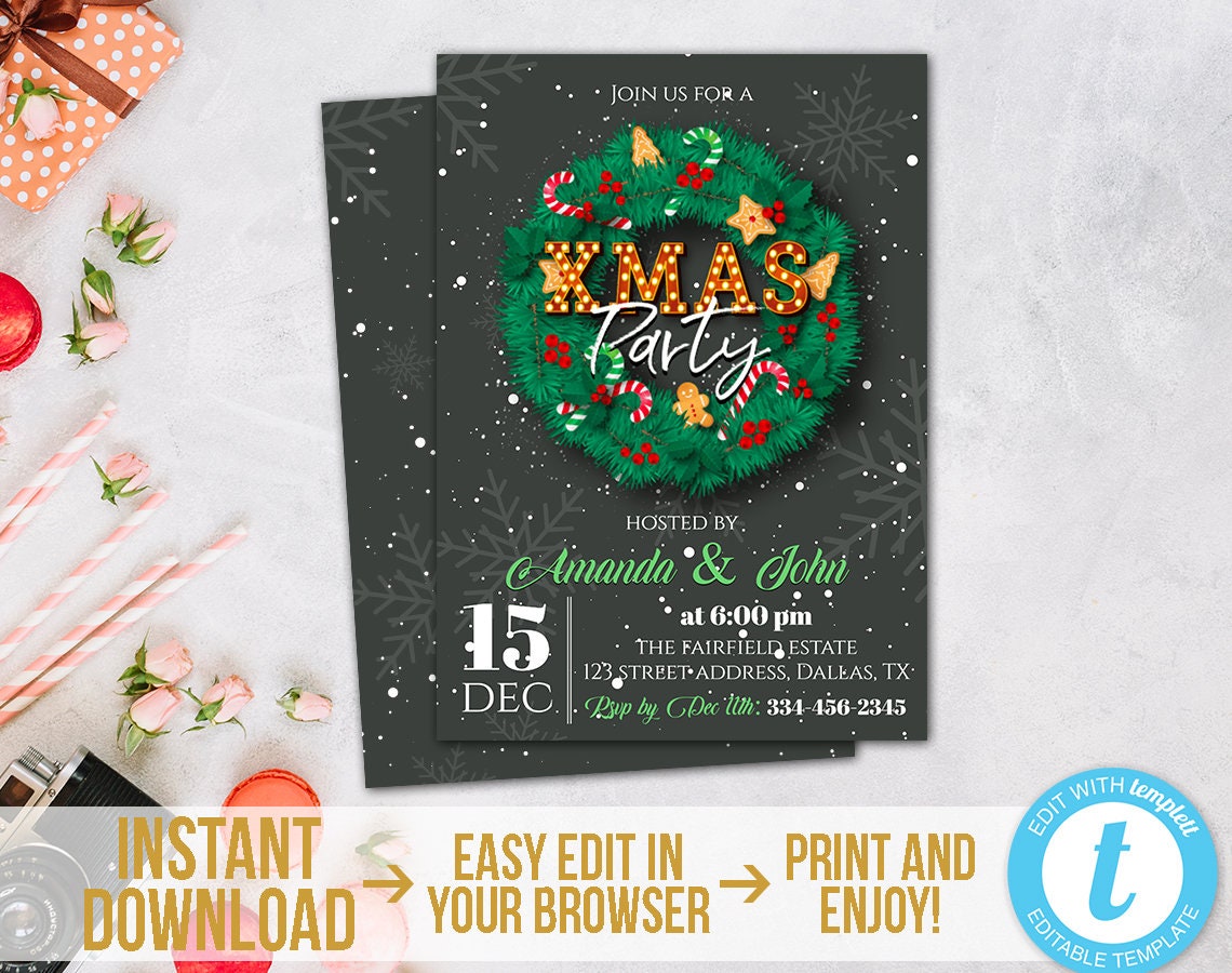 Christmas Party Invitation Wreath Christmas Party Invite | Etsy