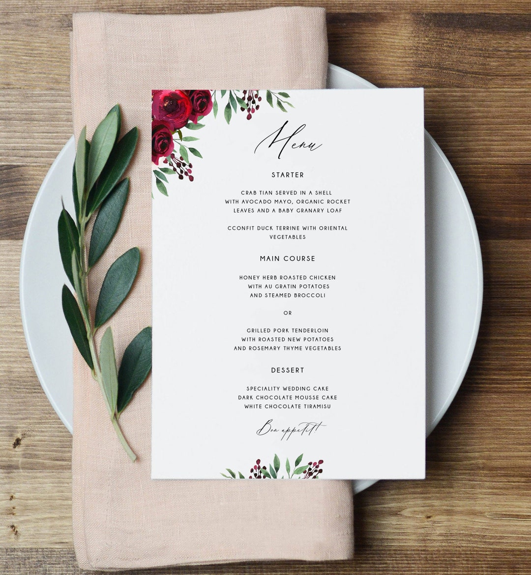 Burgundy Menu Template Printable Marsala Floral Menu Card - Etsy