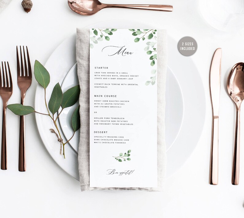 Greenery Menu Template Printable Botanical Menu Card Greenery - Etsy