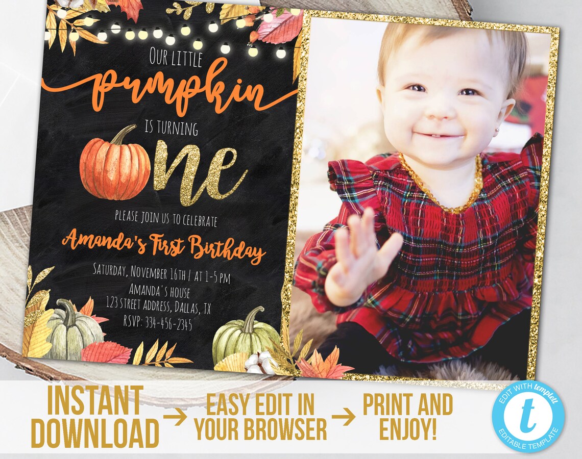Fall Invitation First Birthday With Photo Our Little Pumpkin Invitation ...