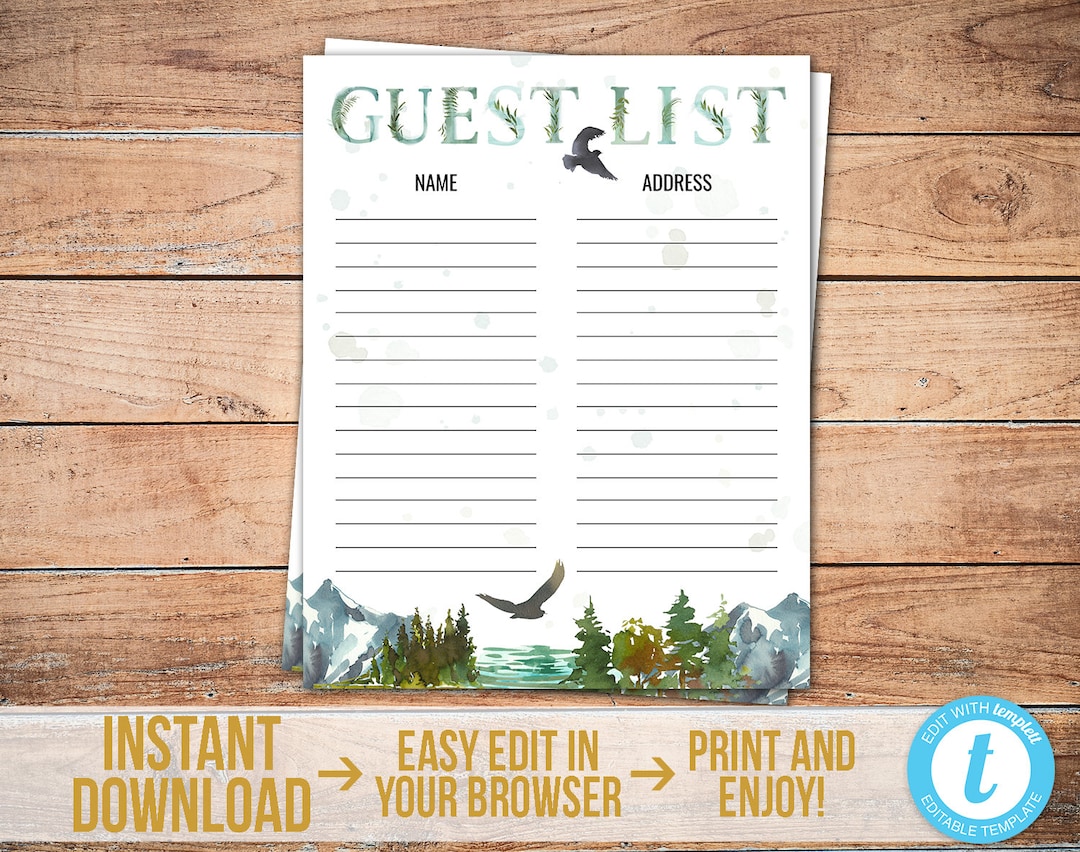 Adventure Guest List Woodland Guest List Mountains Guest Sign in Sheet ...