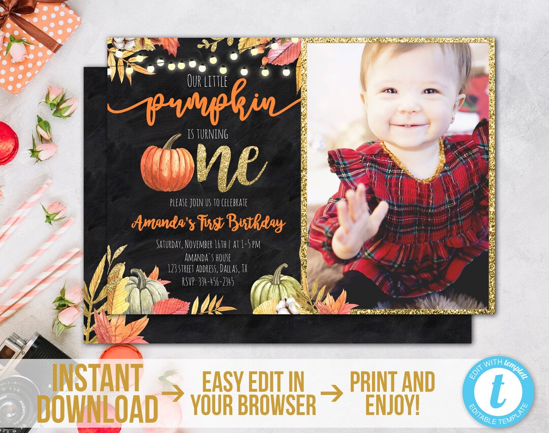 Fall Invitation First Birthday With Photo Our Little Pumpkin Invitation ...