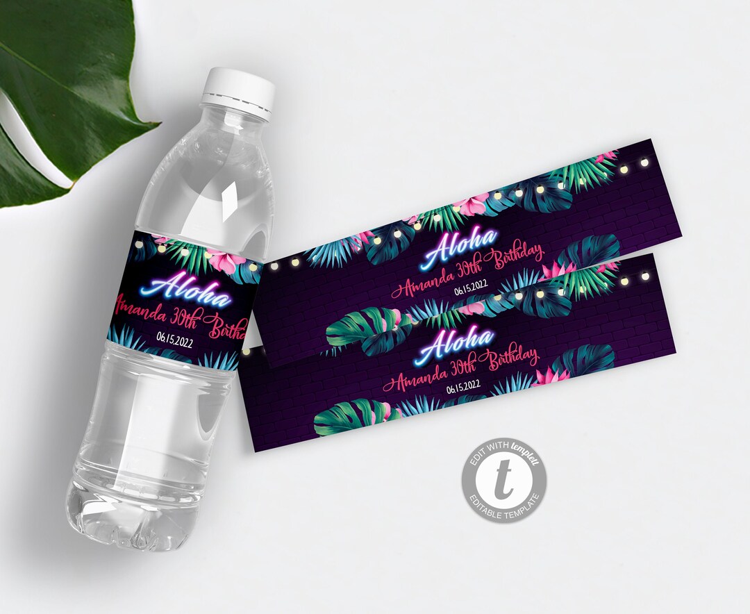 Neon Tropical Water Bottle Label Template Hawaiian Drink Bottle Label ...