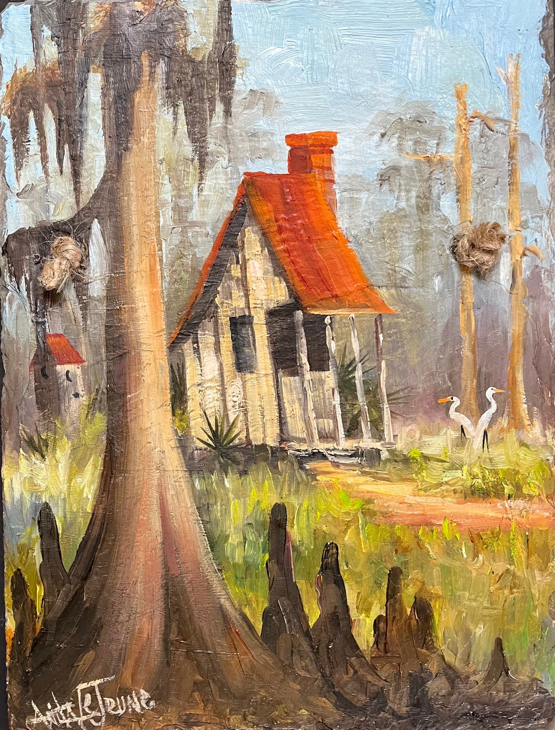 Cabin in Swamp With Egrets 11x8”. - Etsy