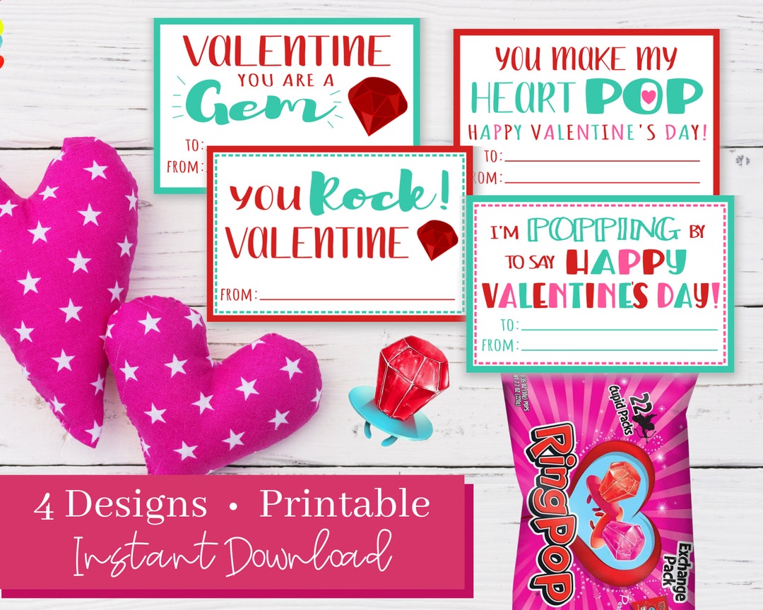 Valentines Ring Pop Cards Printable Digital Download Valentine's ...