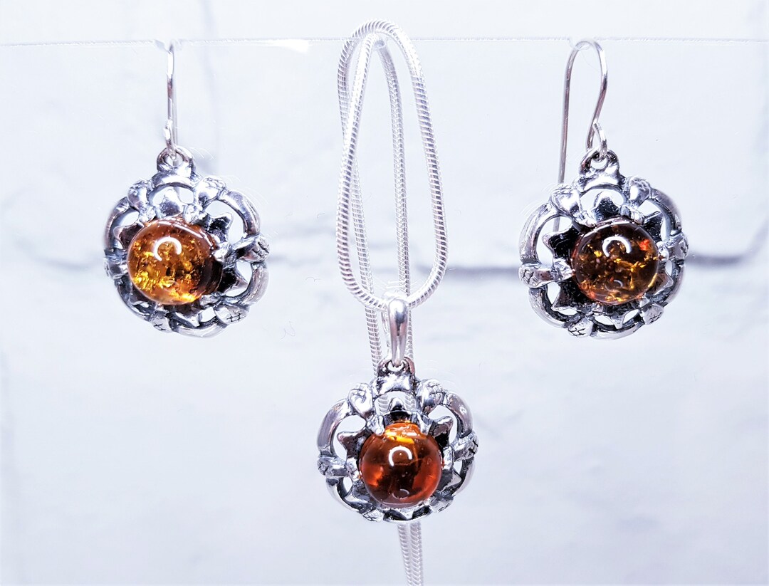 Silber Baltischer Bernstein Schmuck Set - Ohrringe - Halskette - Ring ...