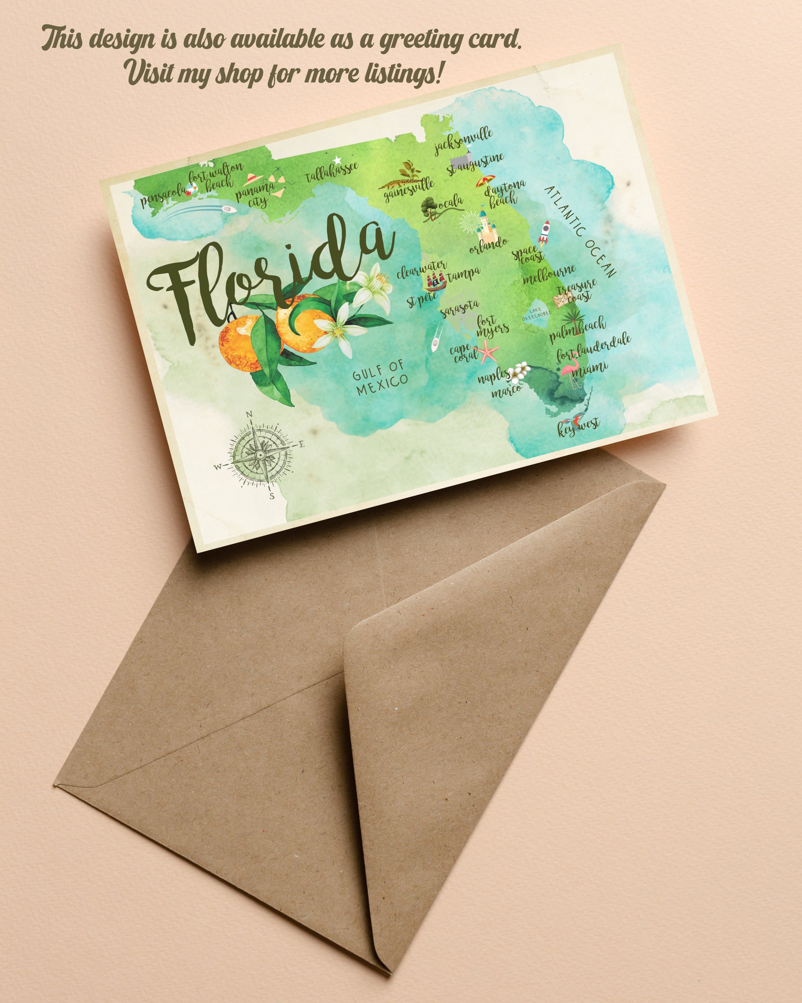 Vintage Florida State Map Wall Art, Illustrated Florida Map, Florida ...