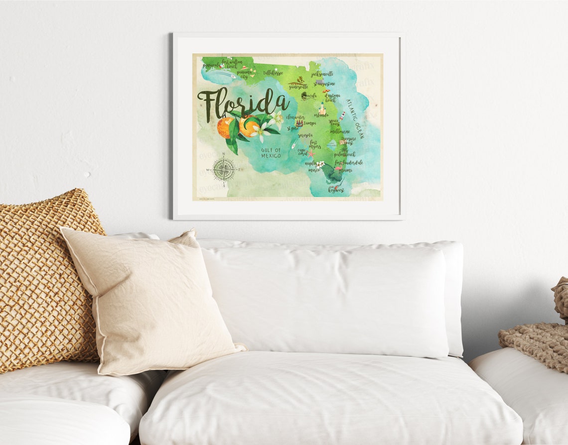 Vintage Florida State Map Wall Art Illustrated Florida Map - Etsy