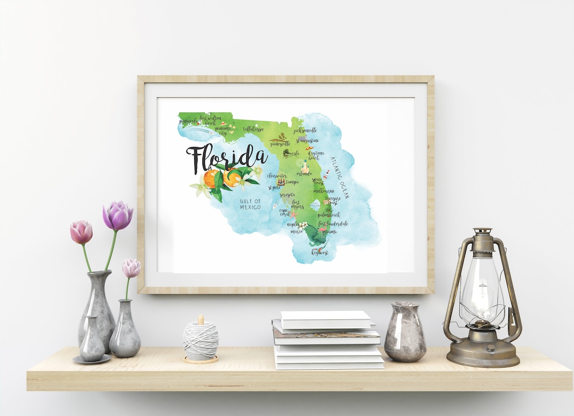 Florida State Map Wall Art, Illustrated Florida Map, Vintage Florida ...