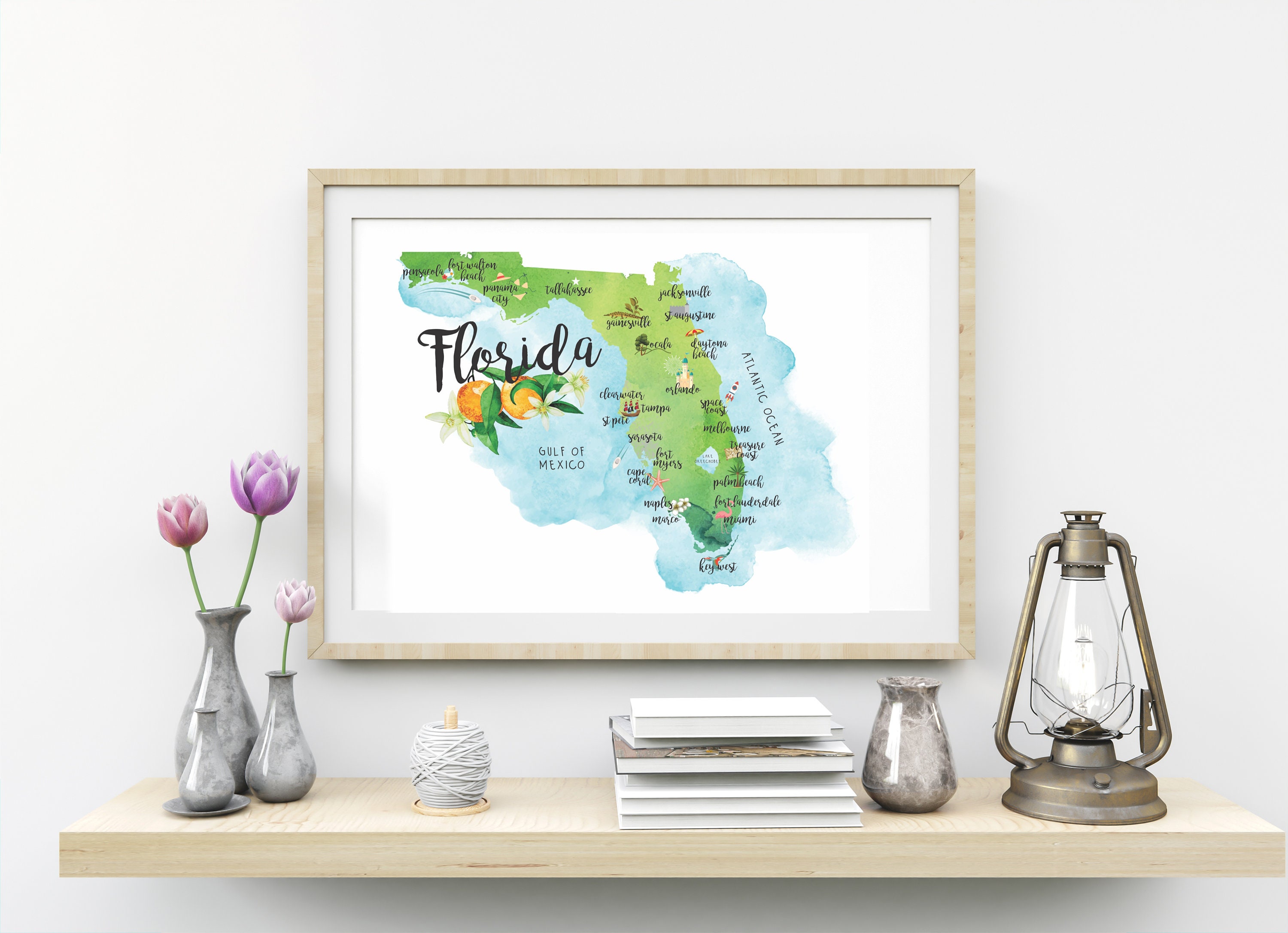 Florida State Map Wall Art, Illustrated Florida Map, Vintage Florida ...