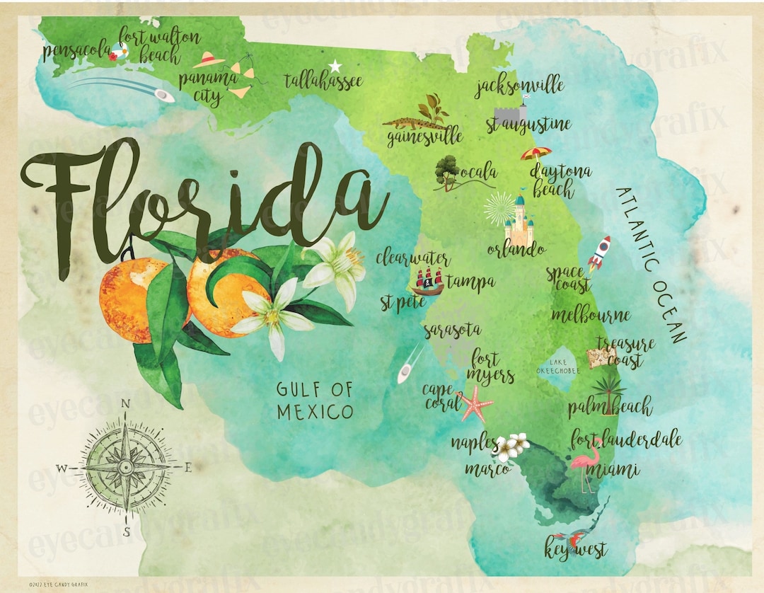 Vintage Florida State Map Wall Art, Illustrated Florida Map, Florida ...