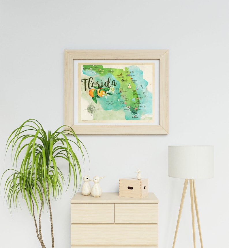 Vintage Florida State Map Wall Art, Illustrated Florida Map, Florida ...