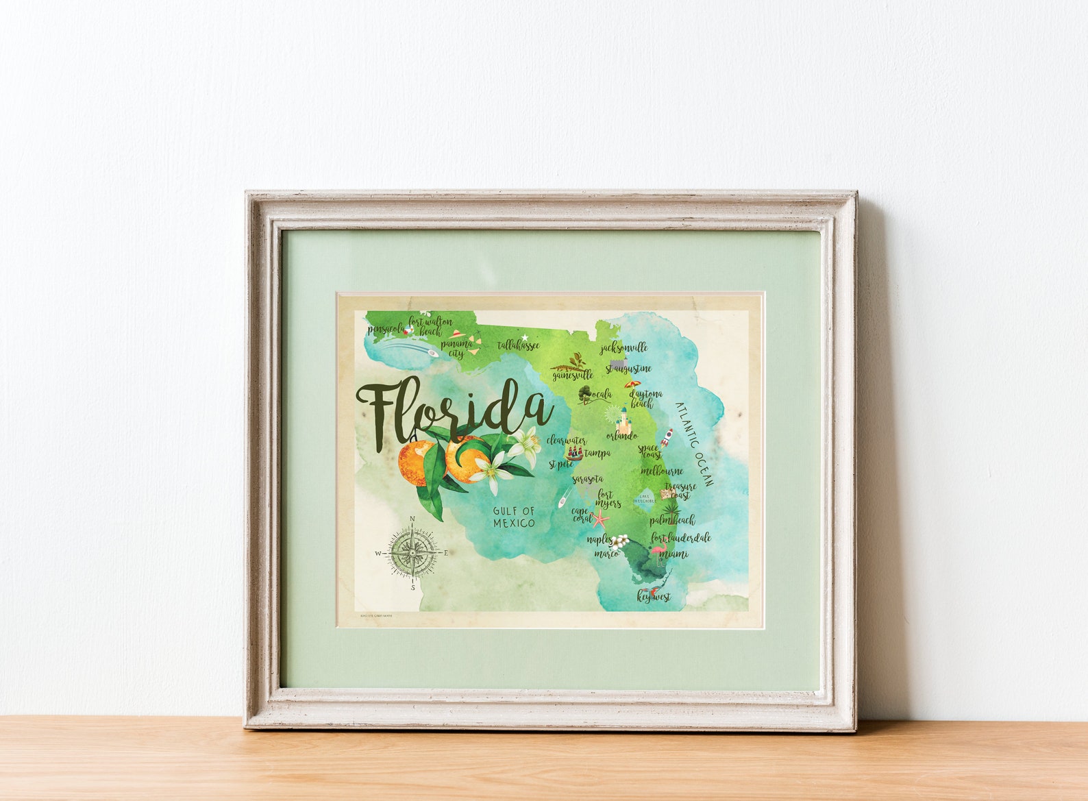 Vintage Florida State Map Wall Art, Illustrated Florida Map, Florida ...
