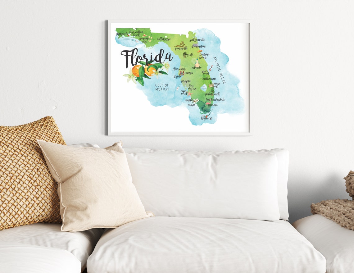Florida State Map Wall Art, Illustrated Florida Map, Vintage Florida ...