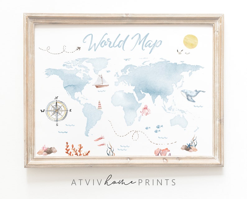 Nautical World Map Print Kids World Map Print Boys World Map - Etsy