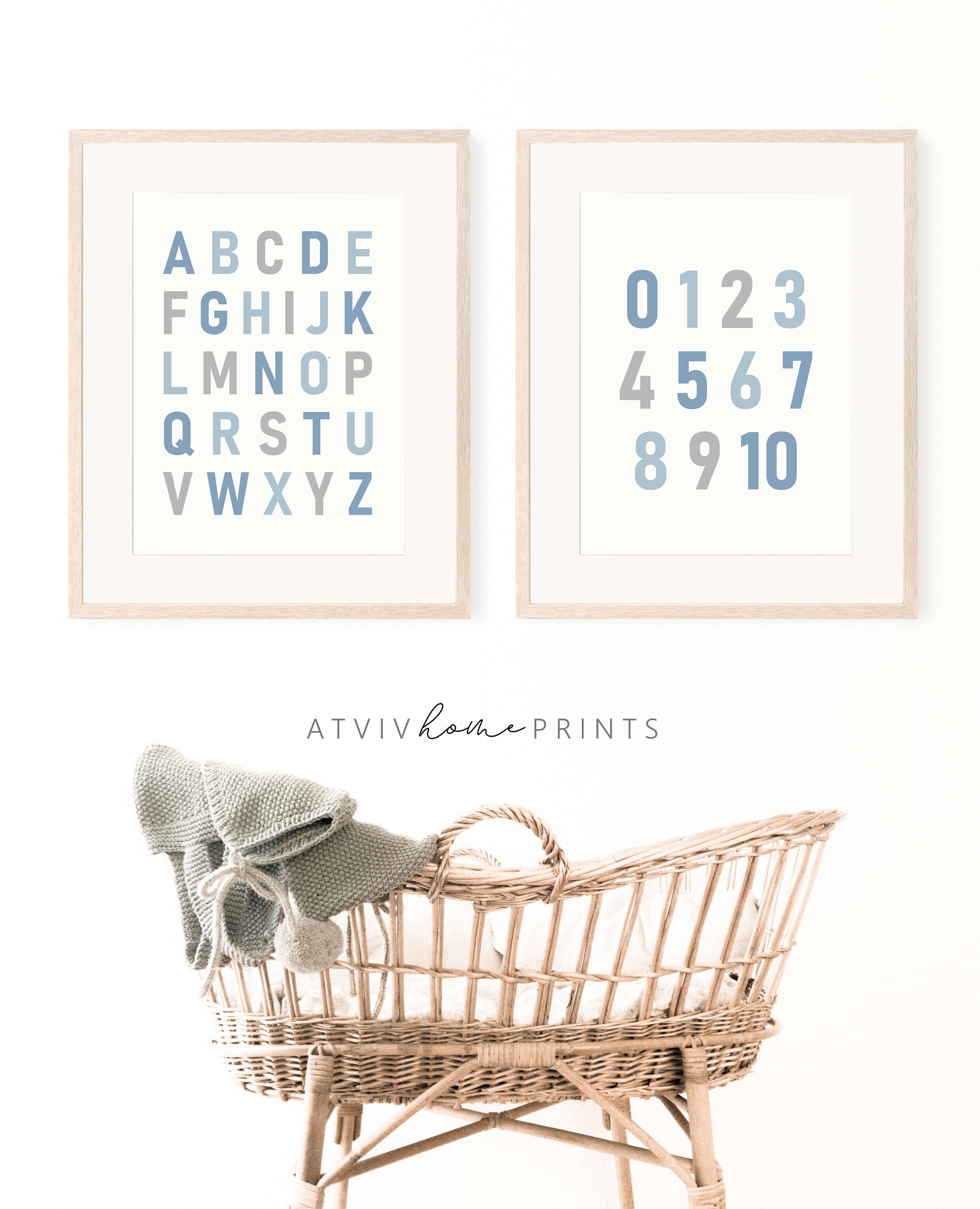 Alphabet and Numbers Print Alphabet Numbers Blue and Grey - Etsy