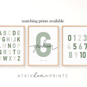 Alphabet and Numbers Print, Alphabet Numbers Green Print Set, Sage ...