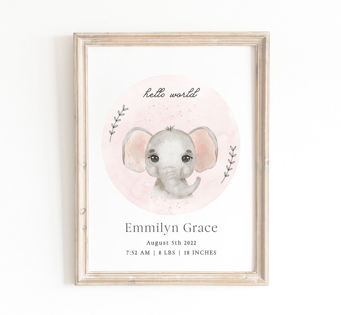 Elephant Birth Stats Print Nursery Birth Stats Print Birth | Etsy