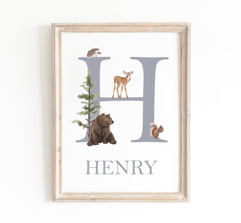 Custom Initial Print Woodland Name Print Custom Name Print - Etsy