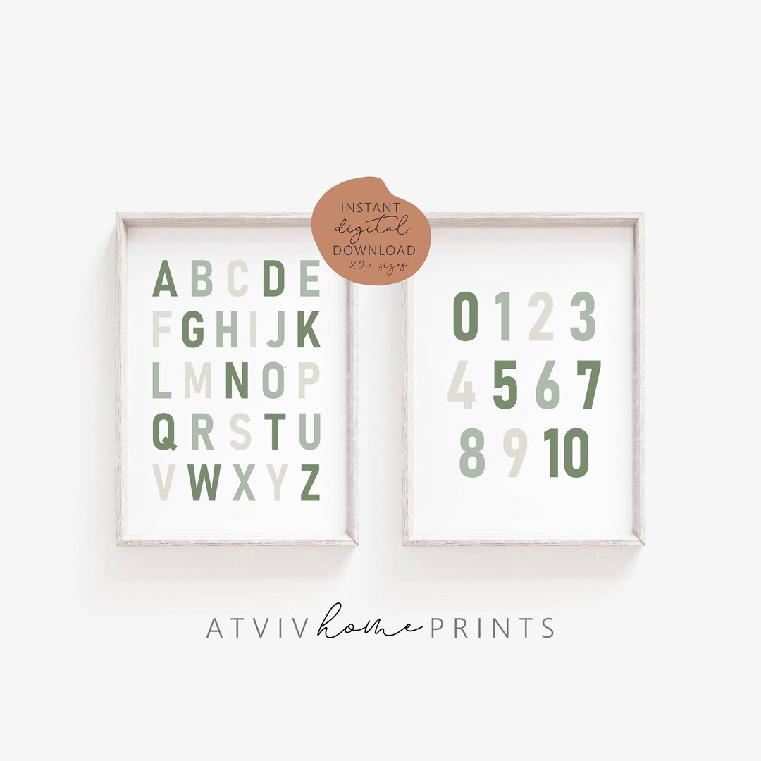 Alphabet and Numbers Print, Alphabet Numbers Green Print Set, Sage ...