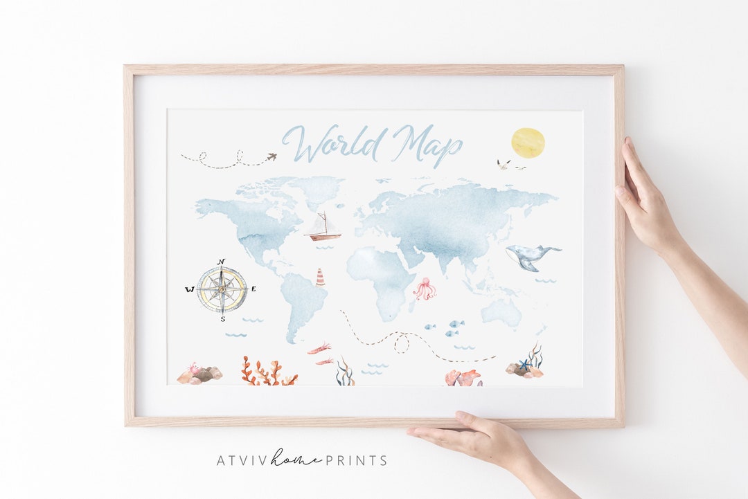 Nautical World Map Print, Kids World Map Print, Boys World Map Print ...
