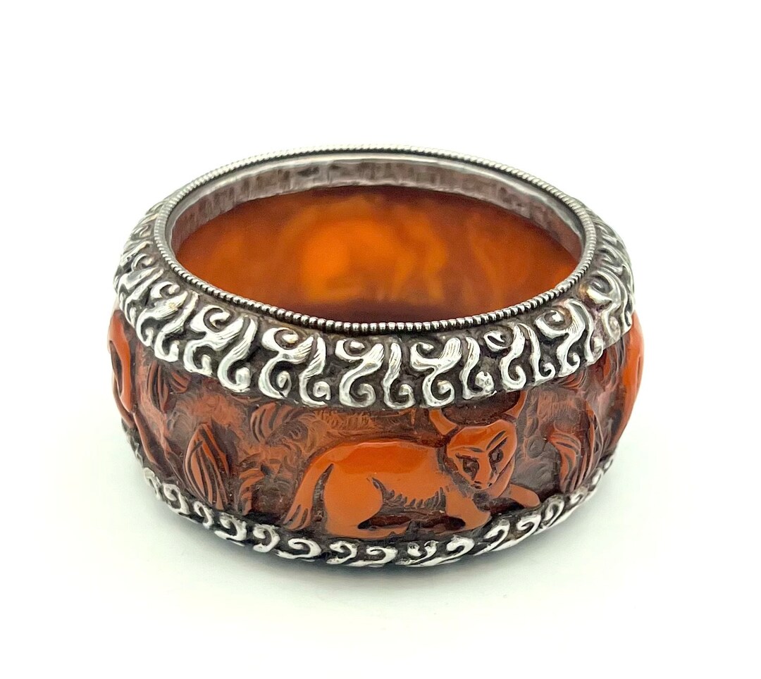 Tibet Sterling Silver Carved Animal Bangle Bracelet Carved Orange ...