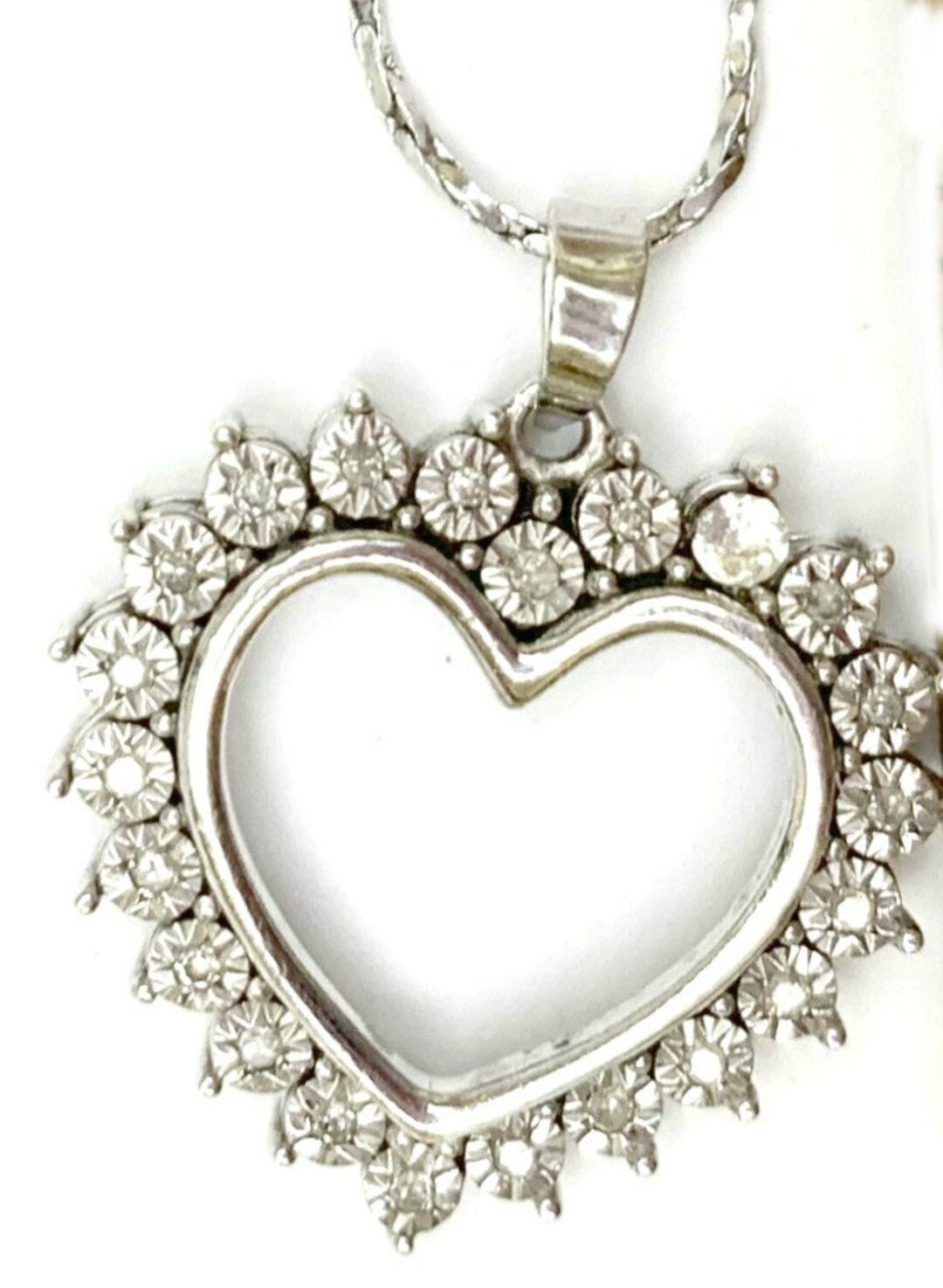 Sterling Silver Rhinestone Heart Necklace Clear Crystal Glass Pendant ...