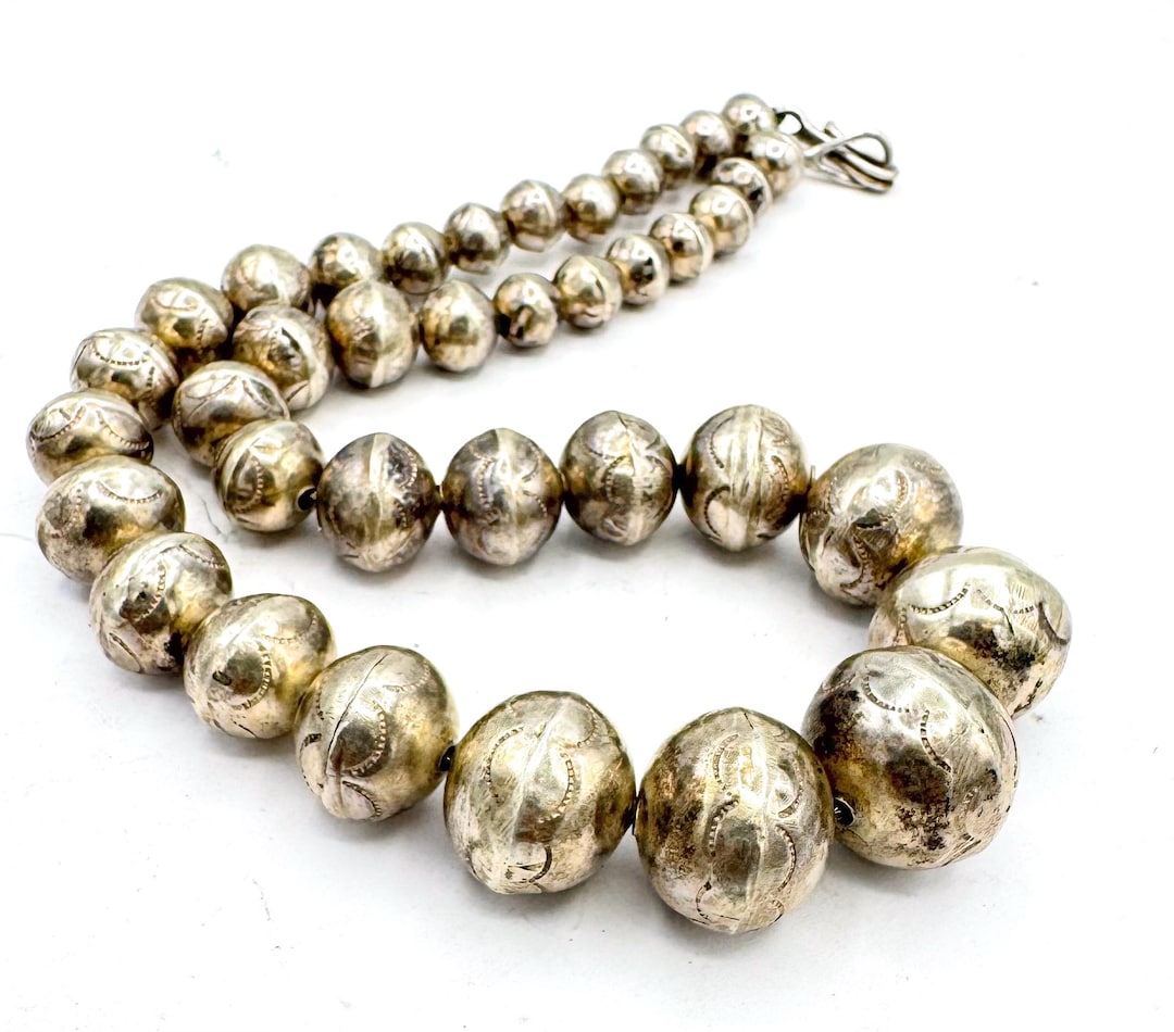 Graduated Sterling Silver Bead Necklace Stamped Bench Beads Native ...