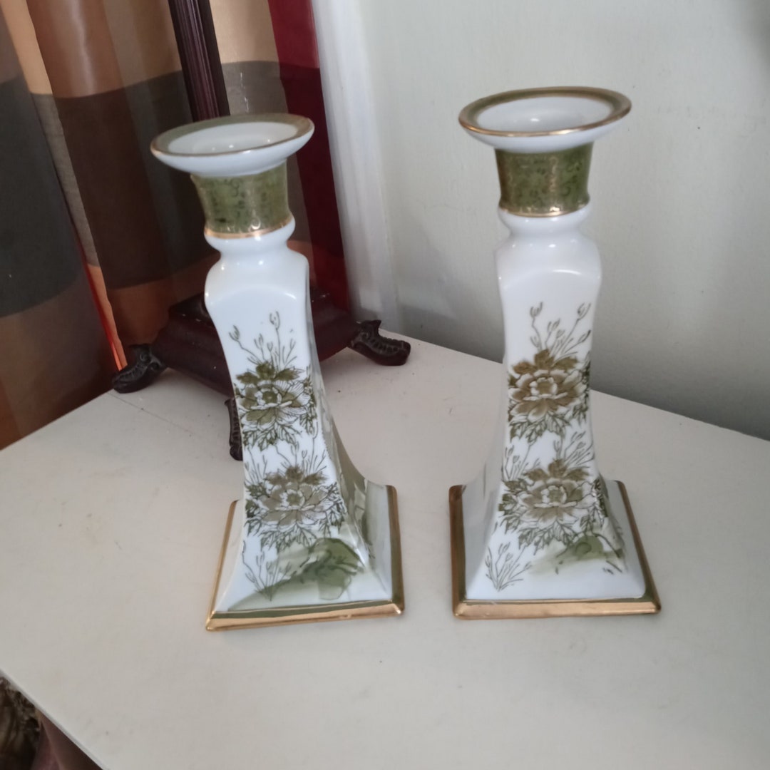 A Pair of Hand Painted Tall China Candlesticks With Gold Accents - Etsy