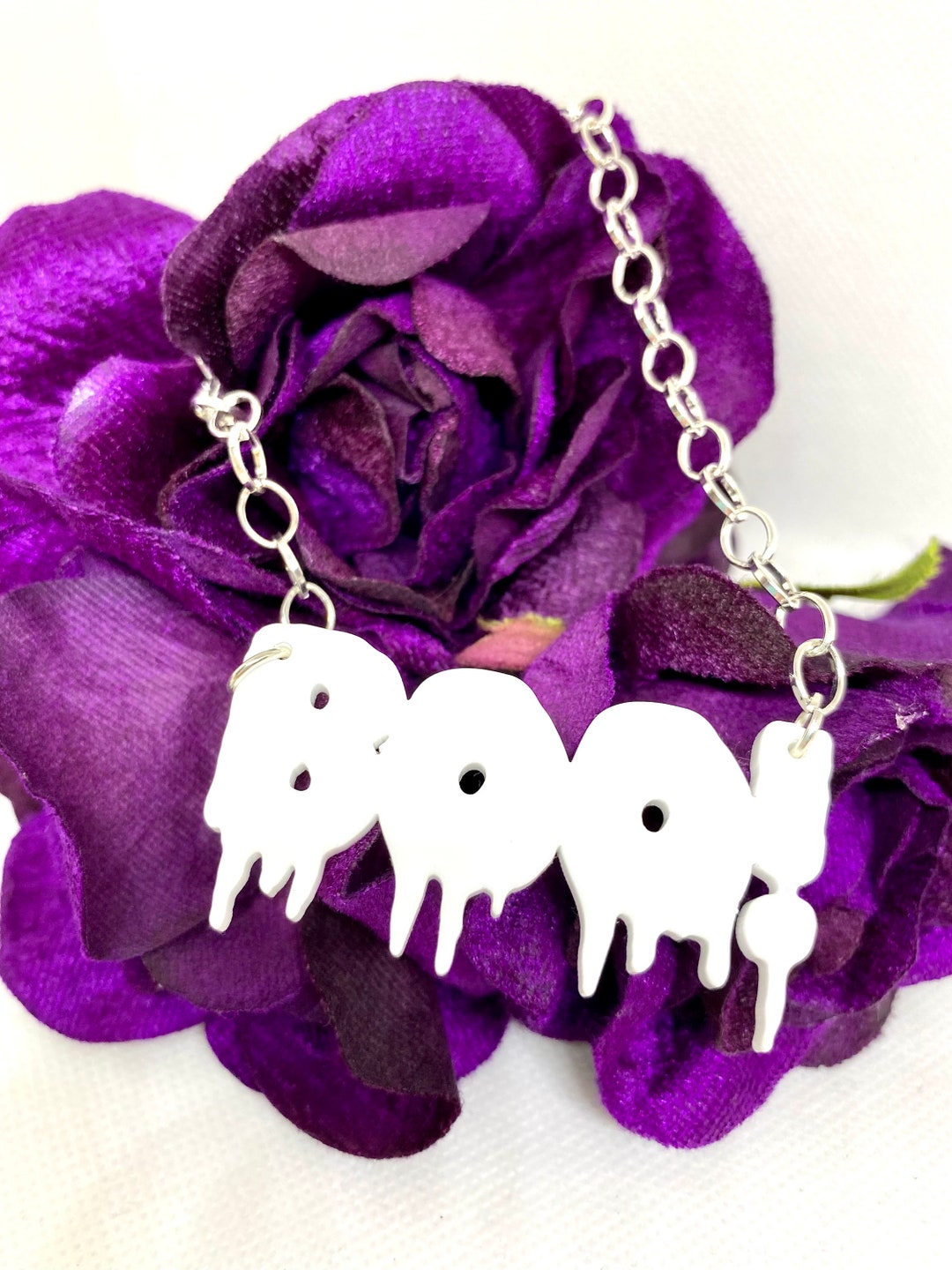 Boo Necklace, White Gloss Laser Cut Acrylic Boo Slogan Pendant ...