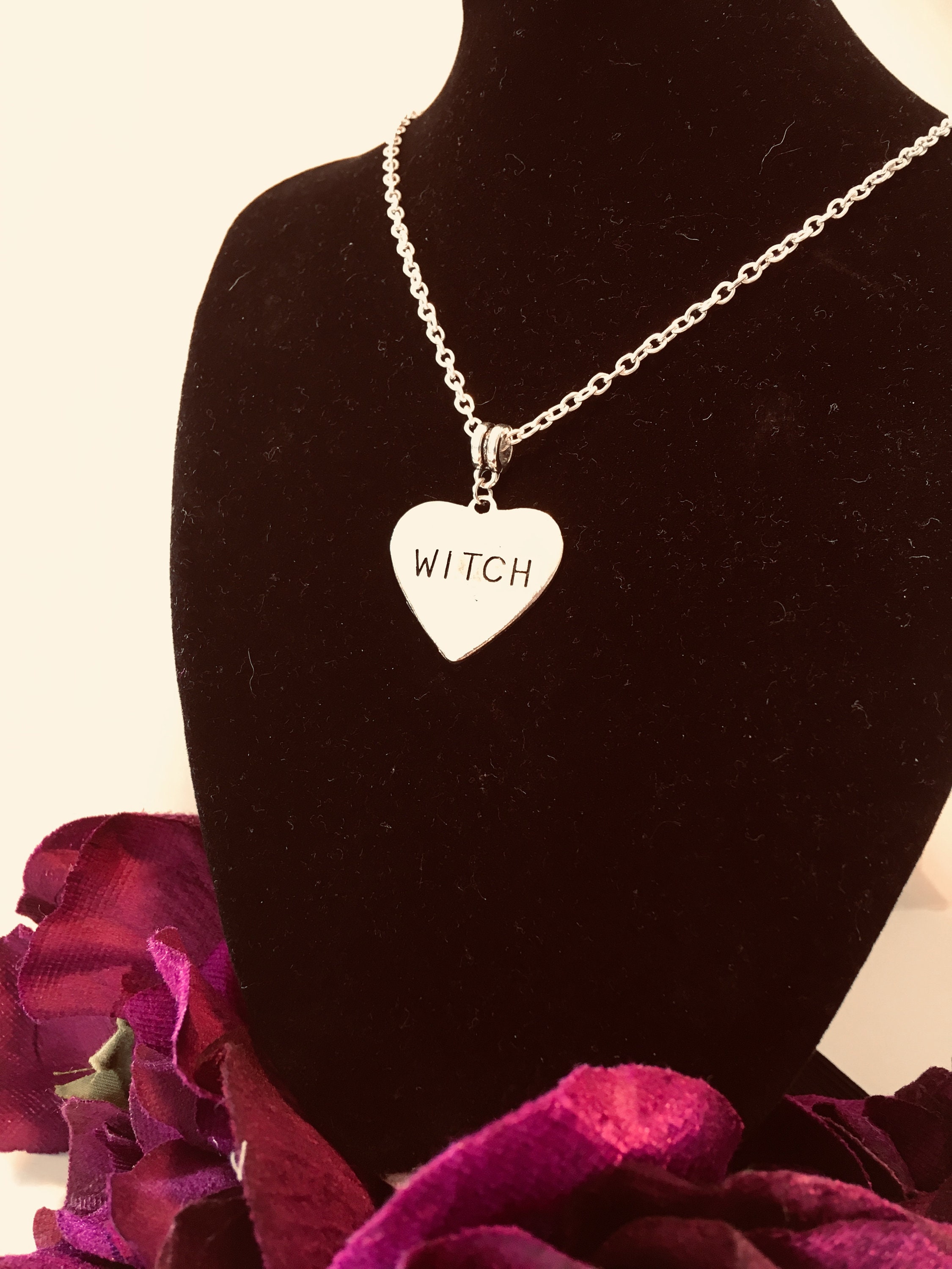 Witch Heart Necklace Witches Pendant Witch Engraved - Etsy